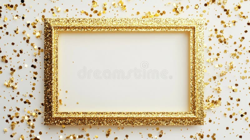 Rectangular Golden Glitter Frame with Sparkling Confetti on White ...