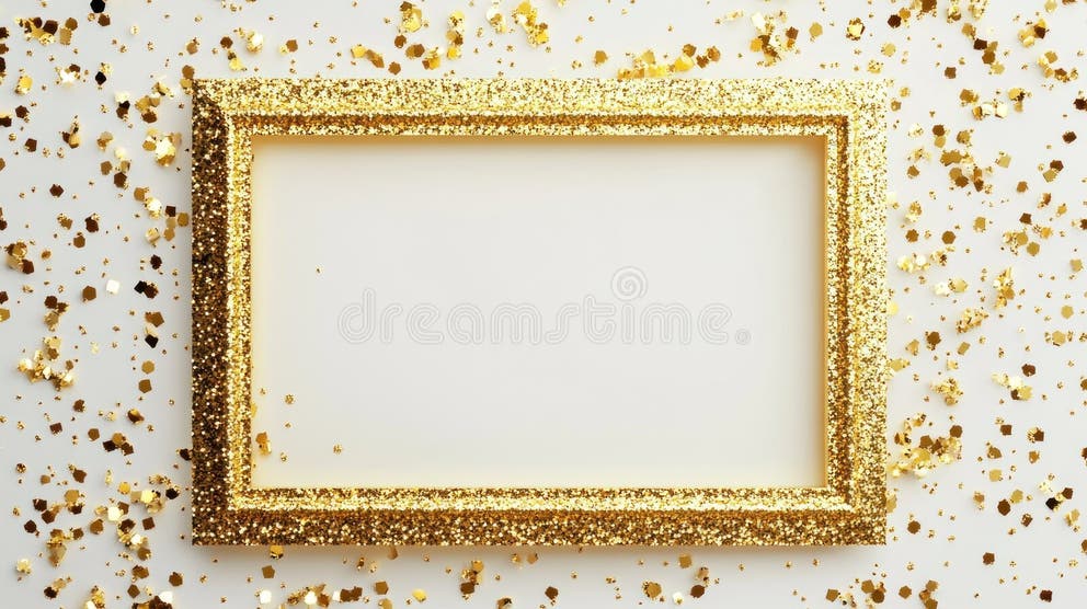 Rectangular Golden Glitter Frame with Sparkling Confetti on White ...