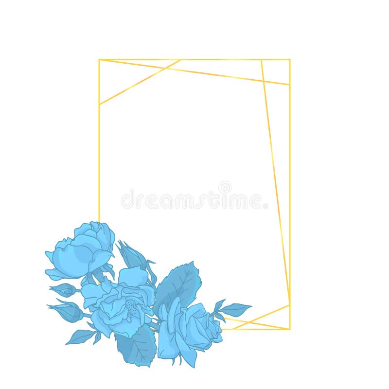 Rectangular Golden Line Frame with Hand Drawn Blue Rose Flower Bouquets ...