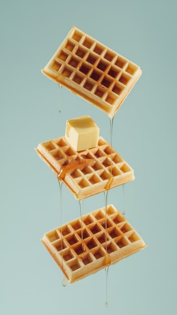 Rectangular Golden Waffles with Honey Drizzle on Blue Background Stock ...