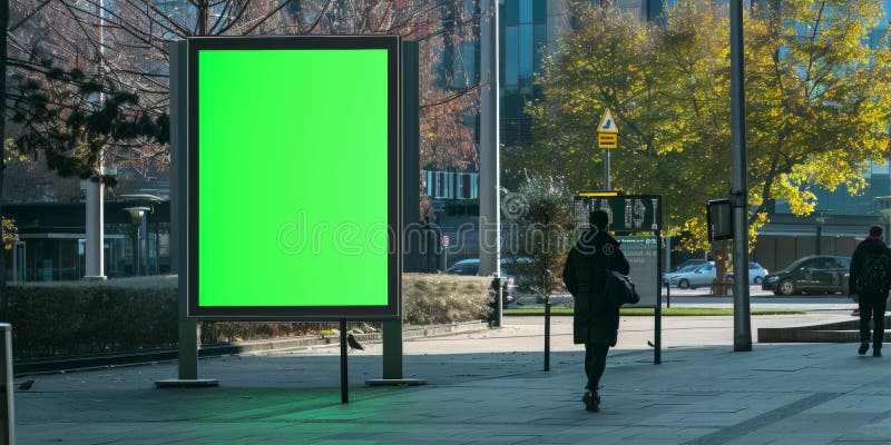 A Green Screen Billboard on a City Street with People Passing by Stock ...