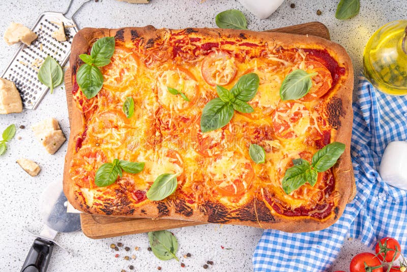 Rectangular Homemade Pizza with Tomatoes and Basil Stock Illustration ...