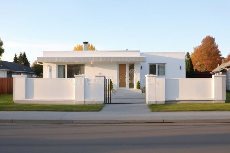 A Rectangular House with a Flat Roof Surrounded by a White Fence Stock ...