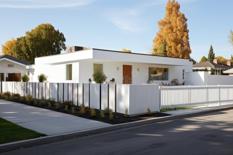 A Rectangular House with a Flat Roof Surrounded by a White Fence Stock ...