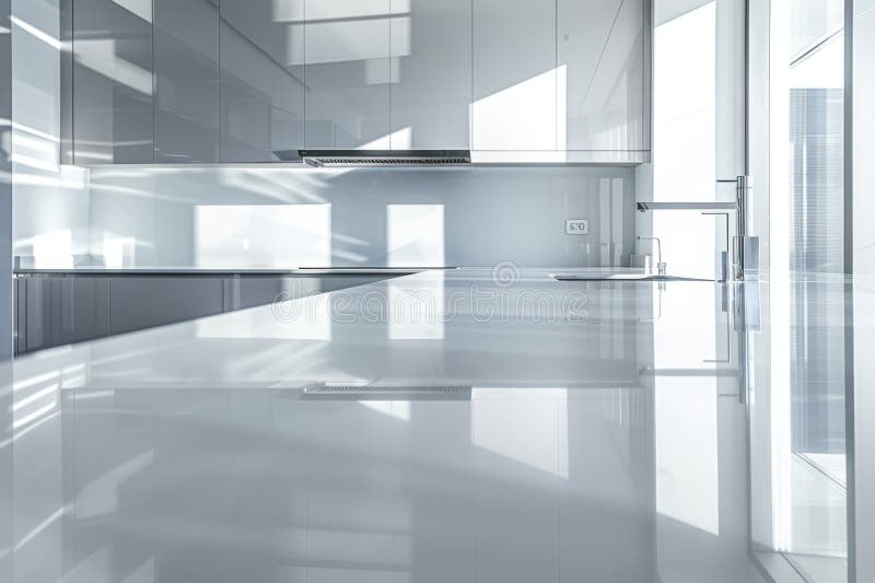Rectangular Kitchen with Long Counter, Windows, and Grey Wood Flooring ...