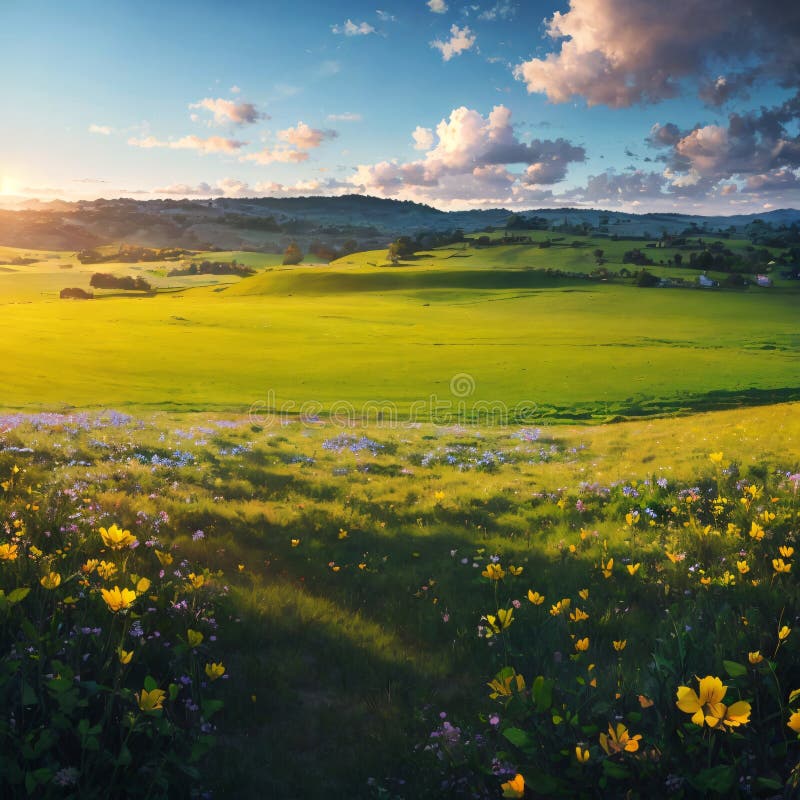 Rectangular Landscape with Green Pea Field and Blue Sky. Made with ...