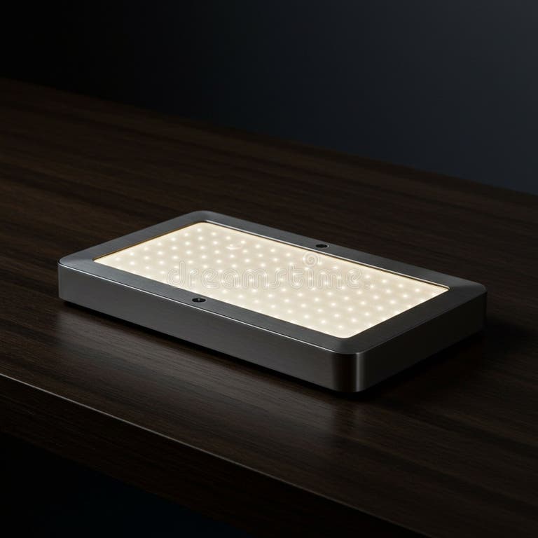 Rectangular LED Panel Light Sits on a Dark Wooden Surface. the Silver ...