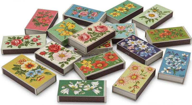 Rectangular Matchboxes are Covered with Colorful Floral Illustrations ...
