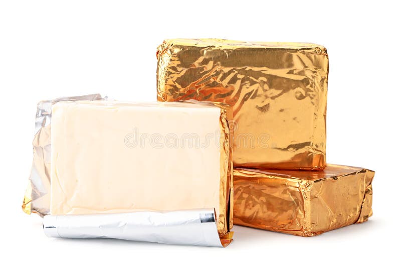 Rectangular Melted Cheese in Packing and without on a White Background ...