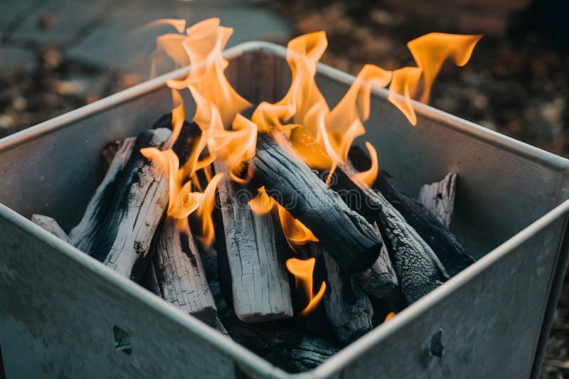Rectangular Metal Fire Pit Filled with Charred Wood, Emitting Bright ...