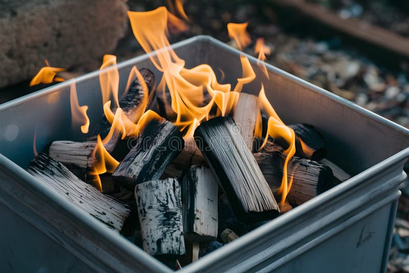 Rectangular Metal Fire Pit Filled with Charred Wood, Emitting Bright ...