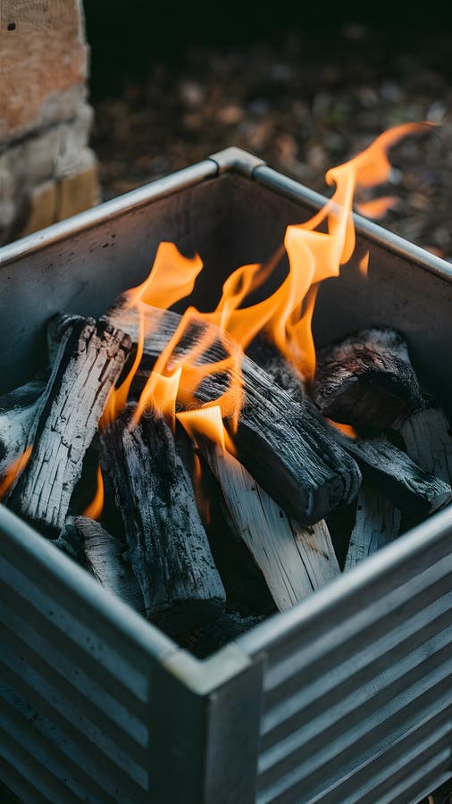 Rectangular Metal Fire Pit Filled with Charred Wood, Emitting Bright ...