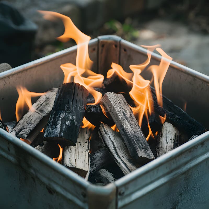 Rectangular Metal Fire Pit Filled with Charred Wood, Emitting Bright ...