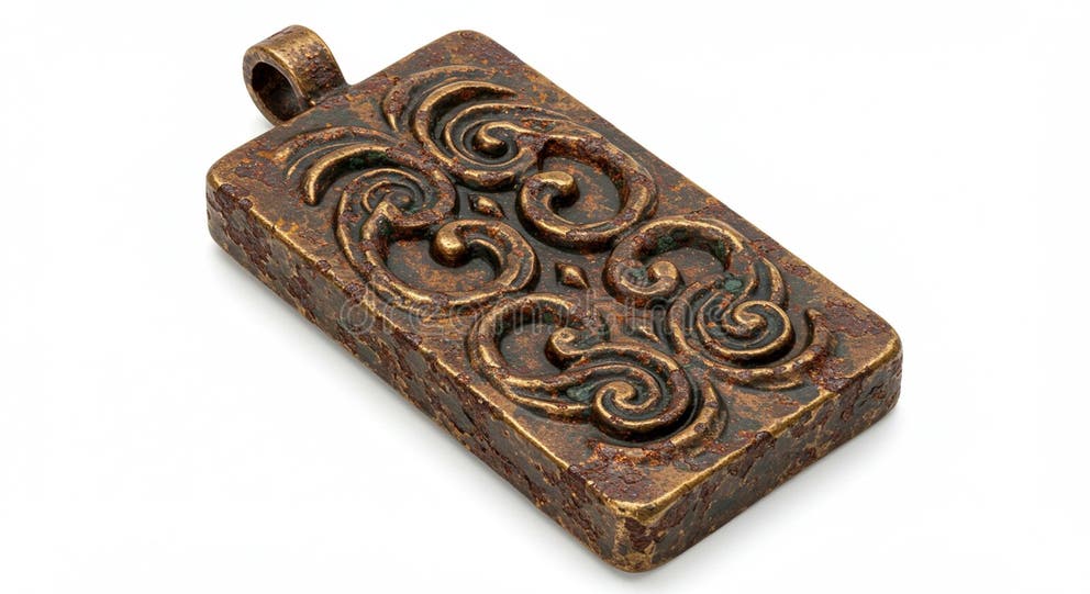 Rectangular Metal Pendant with a Loop, Featuring an Ornate, Swirling ...