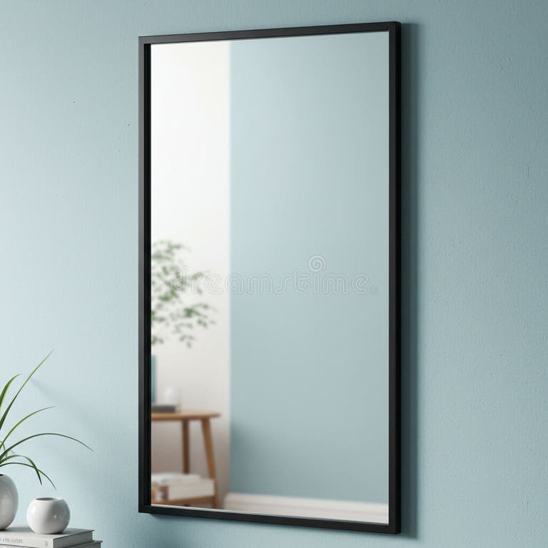 Rectangular Mirror with a Black Frame Mounted on a Light Blue Wall ...