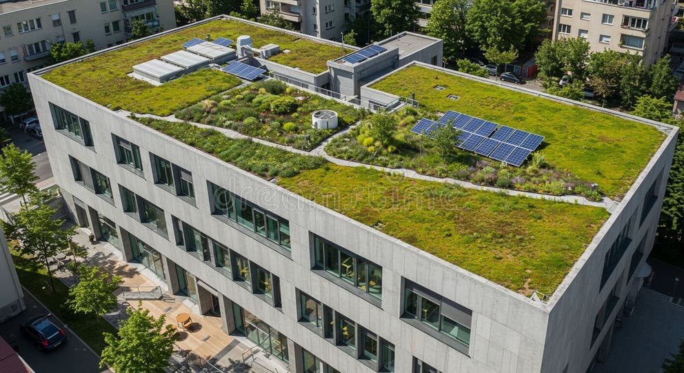 Rectangular, Multi-story Office Building with a Green Roof Featuring ...