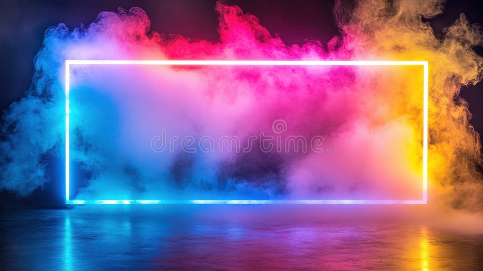 Rectangular Neon Frame with Colorful Smoke and Reflective Floor ...