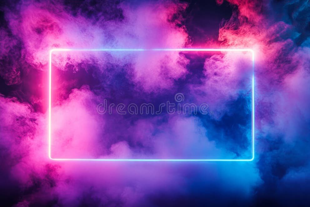 Rectangular Neon Frame Glowing Behind Pink and Blue Smoke Creating a ...