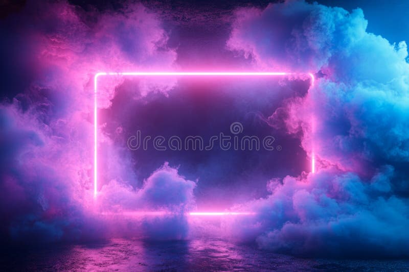Rectangular Neon Frame Glowing Behind Pink and Blue Smoke Creating a ...
