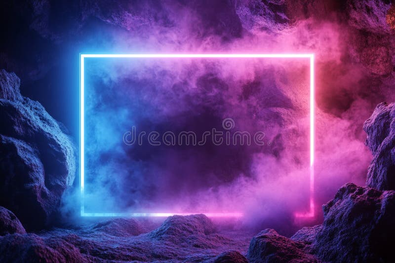 Rectangular Neon Frame Glowing Behind Pink and Blue Smoke Creating a ...