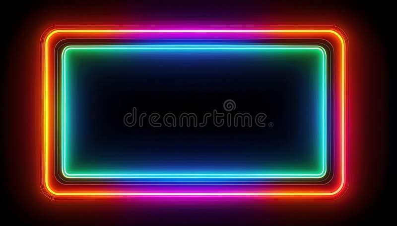 Rectangular Neon Frame with Gradient Colors Glowing Brightly in a Dark ...
