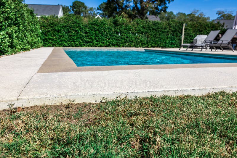 A Rectangular New Swimming Pool with Tan Concrete Edges in the Fenced ...