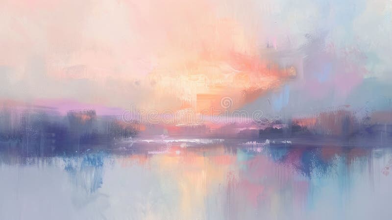 A Rectangular Painting of a Natural Landscape with a Sunset Over a Lake ...