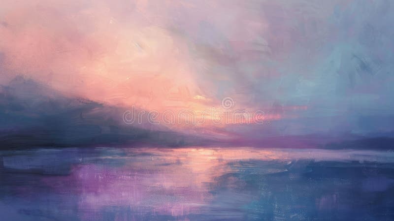 A Rectangular Painting of a Natural Landscape with a Sunset Over a Lake ...