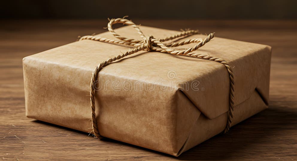 A Rectangular Parcel Wrapped in Brown Kraft Paper Sits on a Wooden ...