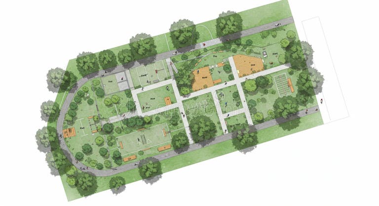 Rectangular Park Layout Featuring Pathways, Lawns, and Various ...