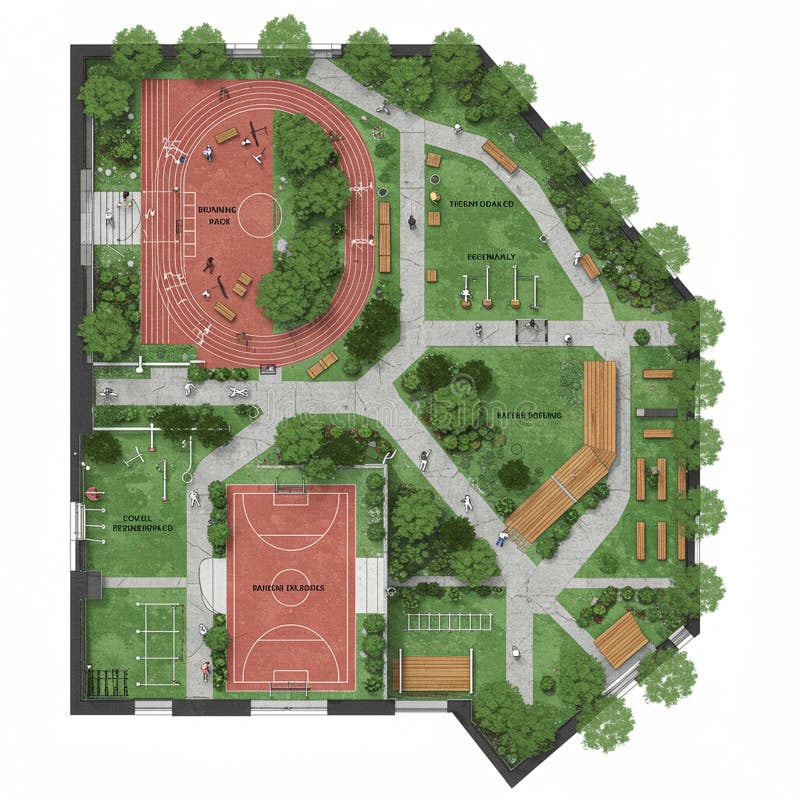 Rectangular Park with Running Track, Basketball Court, Exercise Area ...