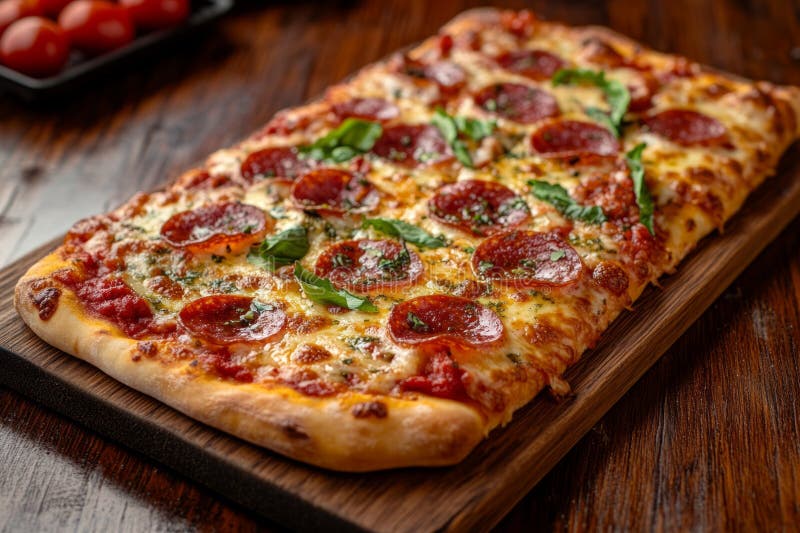 Rectangular Pepperoni Pizza Baking on a Wooden Board with Melted Cheese and Basil Leaves Stock ...