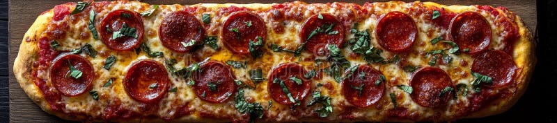 Rectangular Pepperoni Pizza with Basil on Wooden Surface Stock ...