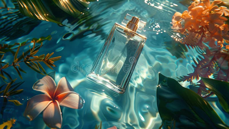Rectangular Perfume Bottle in Clear Blue Water, Highlighted by Sunlight ...