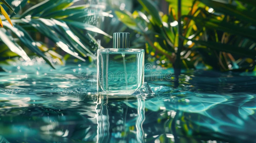 Rectangular Perfume Bottle in Clear Blue Water, Highlighted by Sunlight ...