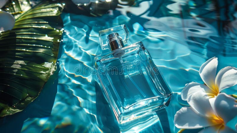 Rectangular Perfume Bottle in Clear Blue Water, Highlighted by Sunlight ...