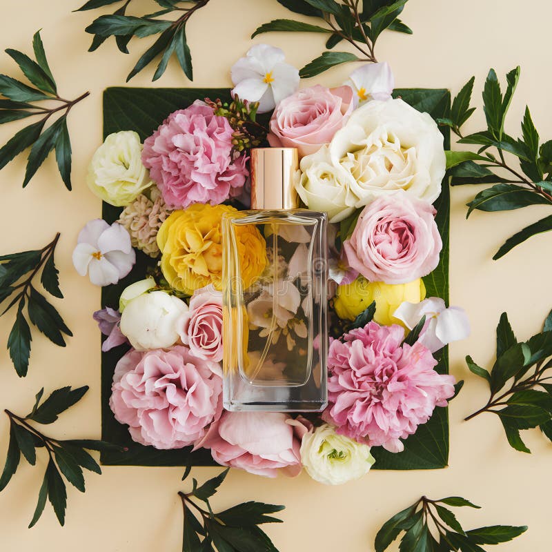 Rectangular Perfume Bottle Surrounded by Pink, Yellow, and White ...