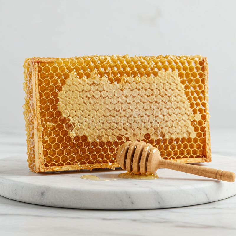A Rectangular Piece of Honeycomb Filled with Golden Honey Sits on a ...