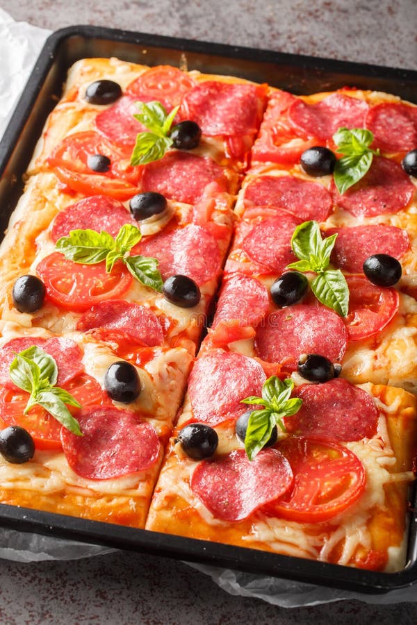Rectangular Pizza with Cheese, Salami Sausage, Olives and Tomatoes ...