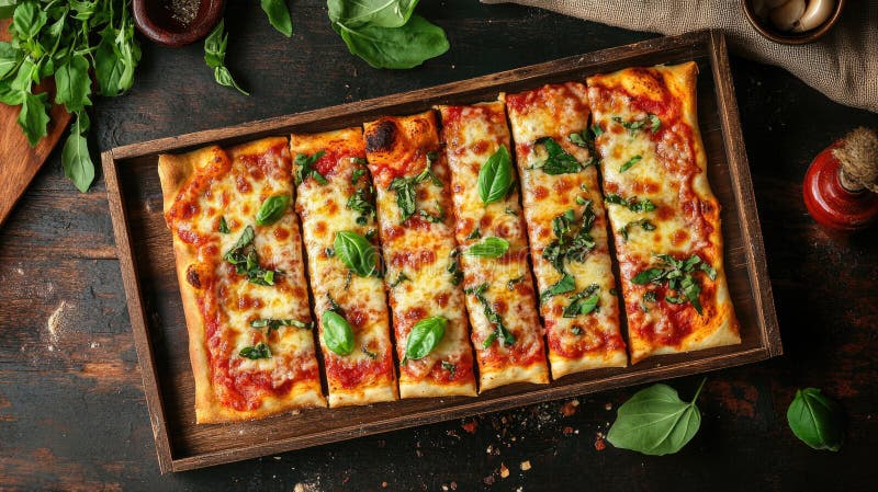 Rectangular Pizza with Fresh Basil and Mozzarella Toppings on Wooden ...
