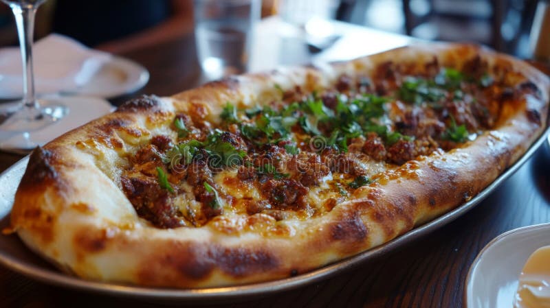 Rectangular Pizza with Meat and Herb Topping on Wooden Table Stock ...