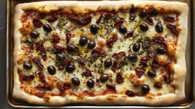 Rectangular Pizza with Sun-dried Tomatoes, Olives, and Cheese Topping ...