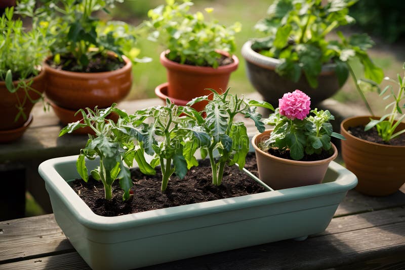 Rectangular Planter with Tomato Plants, Pink Flower Pot, Surrounded by ...