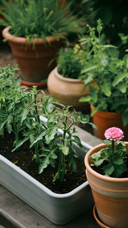 Rectangular Planter with Tomato Plants, Pink Flower Pot, Surrounded by ...