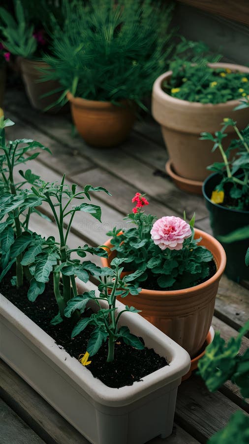 Rectangular Planter with Tomato Plants, Pink Flower Pot, Surrounded by ...