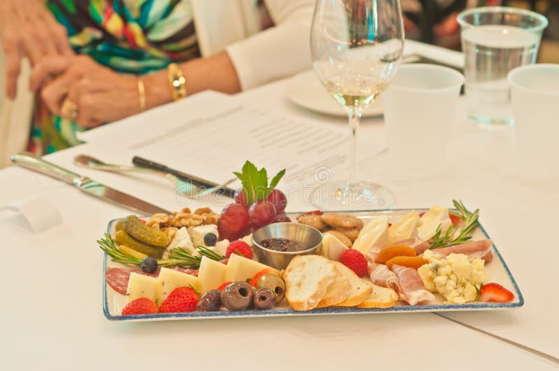 Rectangular Plate of Food Pairing for a Tropical Wine Tasting Stock ...