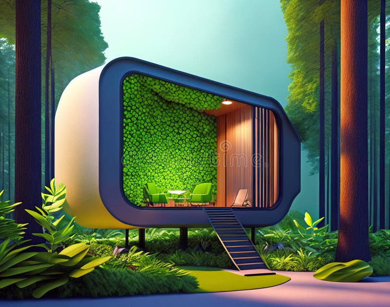 Rectangular Pod House in a Green Forest Garden AI Stock Illustration ...