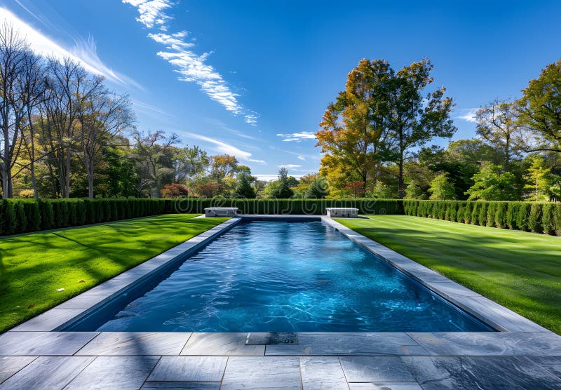 Rectangular Pool in Backyard of American Home Stock Illustration ...