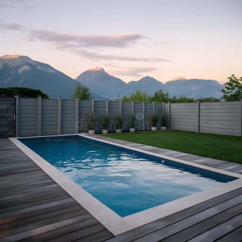 Rectangular Pool Bordered by Wooden Decking, Stylish Fence, Grassy Lawn ...