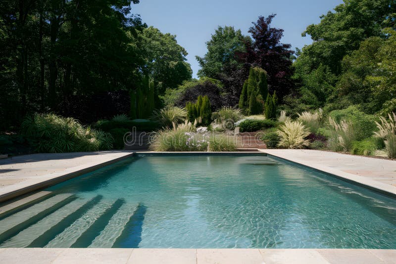 Rectangular Pool with Clear Blue Water, Surrounded by Lush Greenery and ...